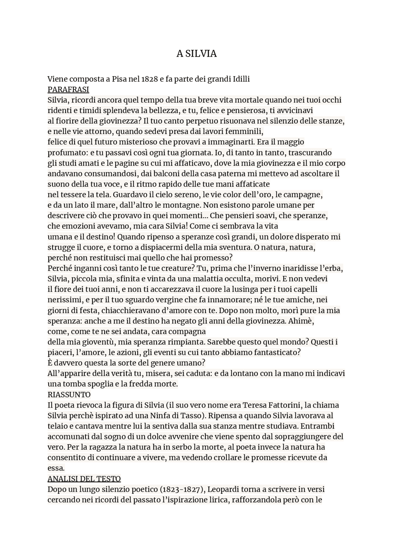 Poesia "A Silvia" di Giacomo Leopardi | Appunti di Italiano | Docsity
