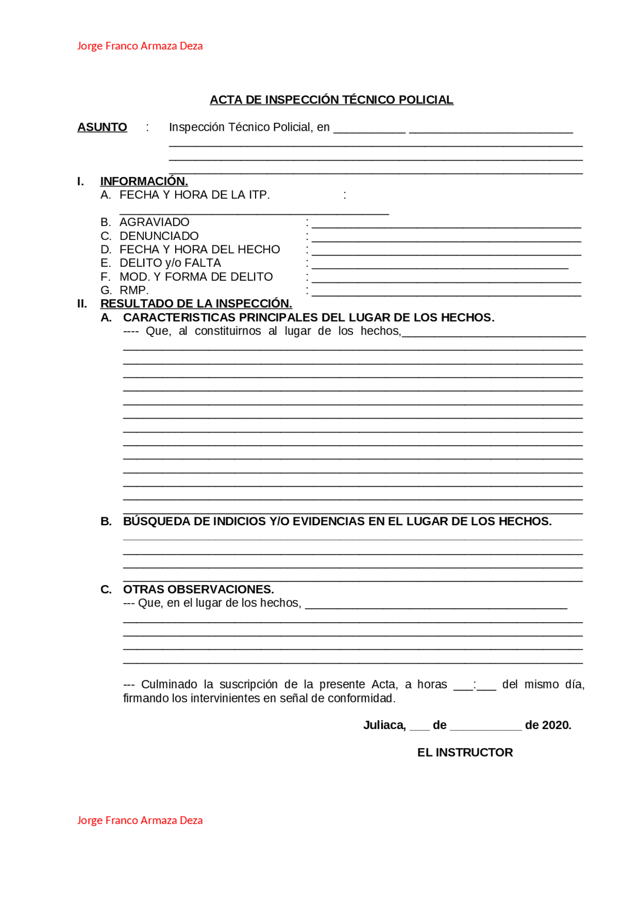 ACTA DE ITP - Jorge Franco Armaza Deza | Ejercicios de Derecho | Docsity