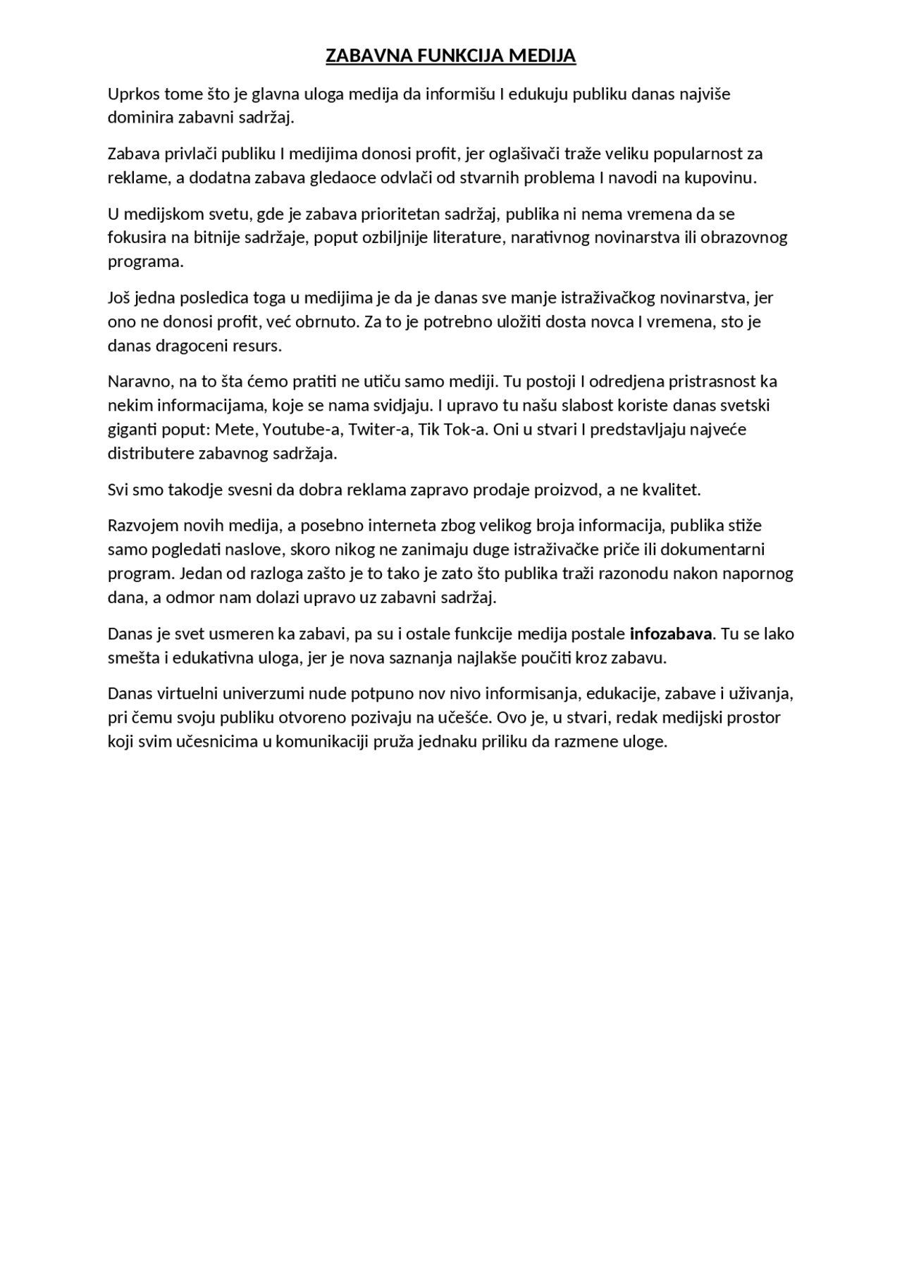 Zabavna funkcija medija | Skripte' predlog Građansko vaspitanje | Docsity