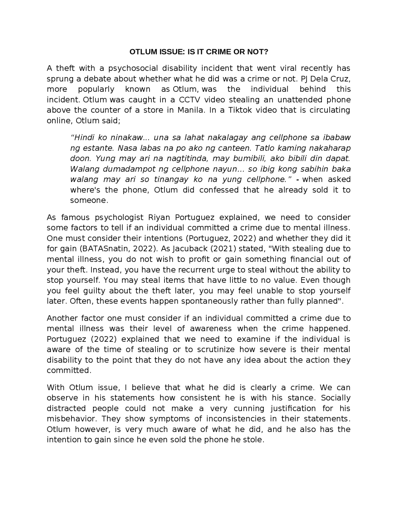The essay is about otlum issue | Essays (high school) Psychology | Docsity