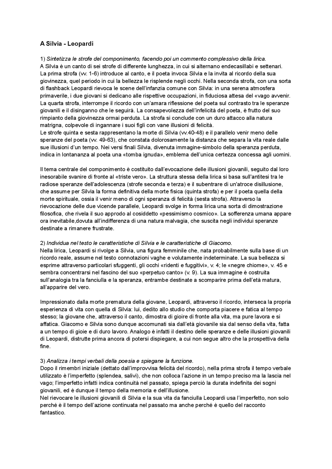 A Silvia, Leopardi: analisi svolta | Esercizi di Italiano | Docsity