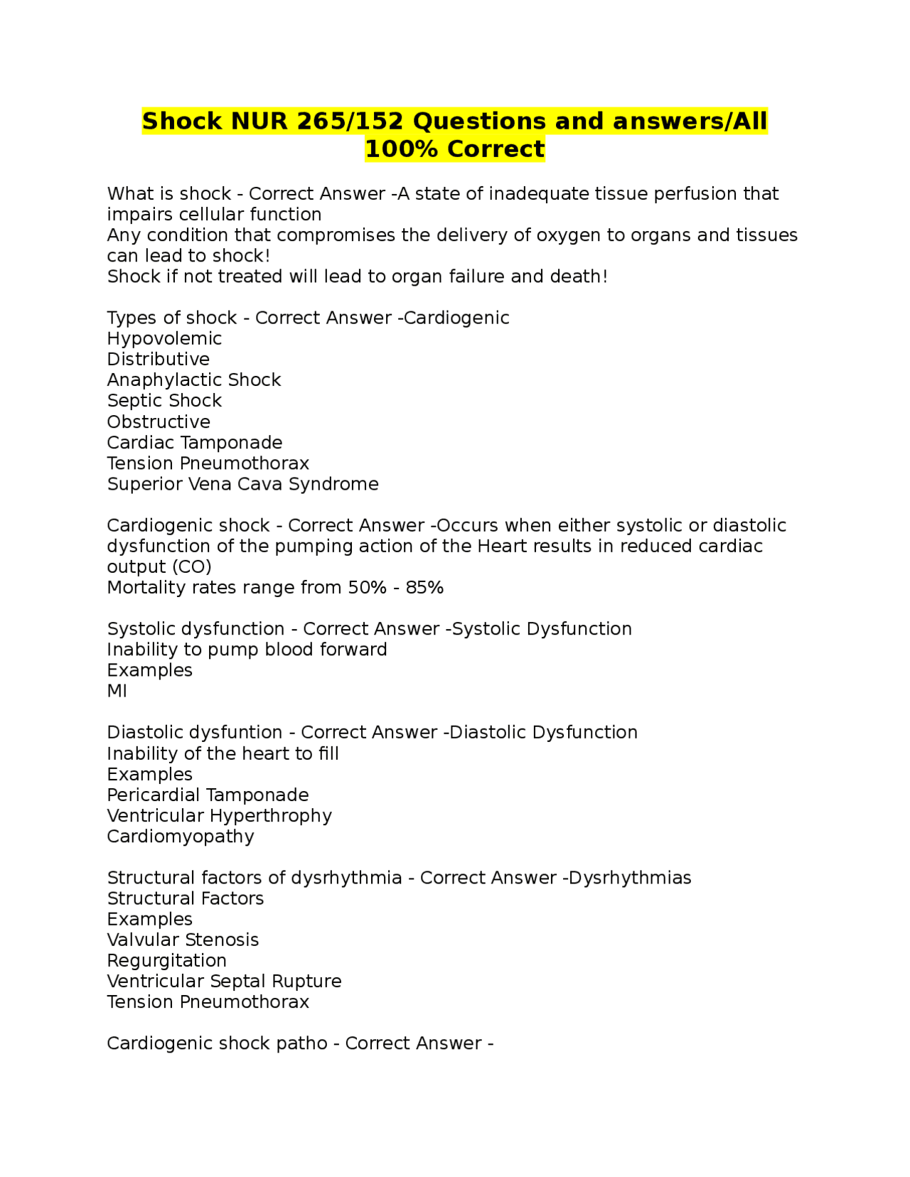Shock NUR 265152 Questions and answersAll100% Correct | Exams Nursing ...