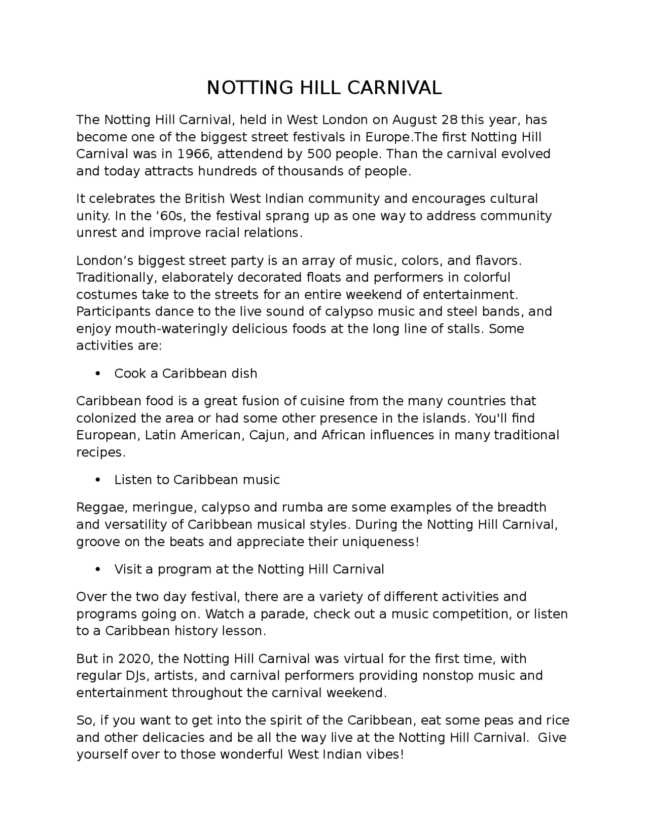 Notting Hill Carnival | Guide, Progetti e Ricerche di Inglese | Docsity