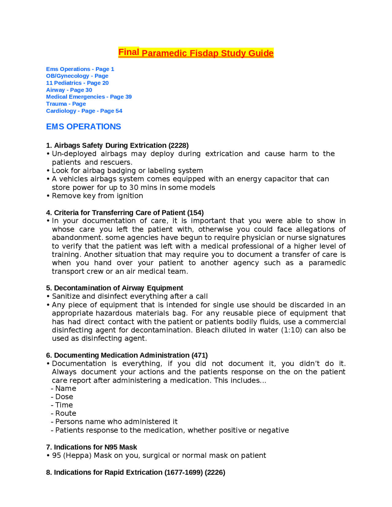 EMDP 101 Final Block Study Guide FISDAP Upated 7_1__18 . | Exams Nursing | Docsity