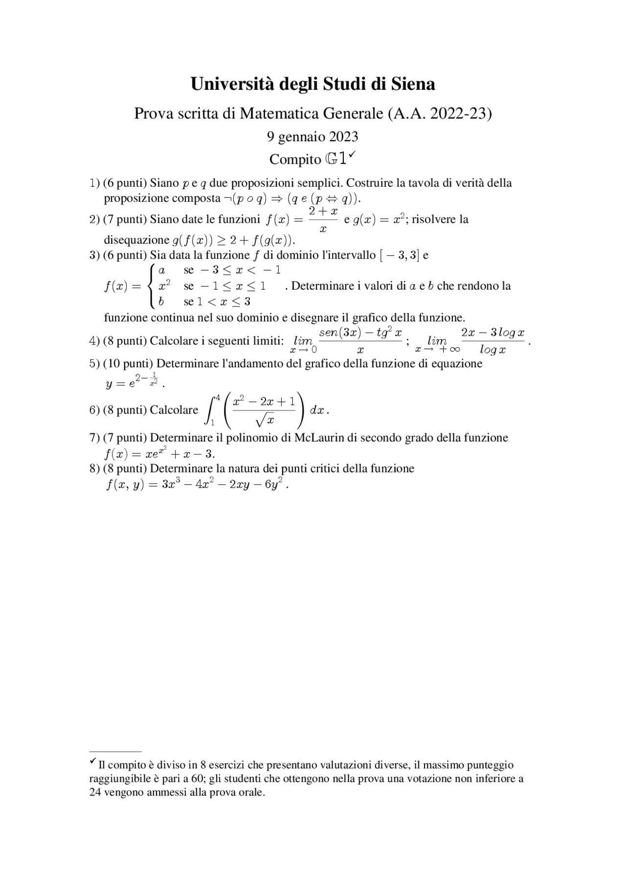 Compito Mg Gennaio 2022 Prove Desame Di Matematica Generale Docsity