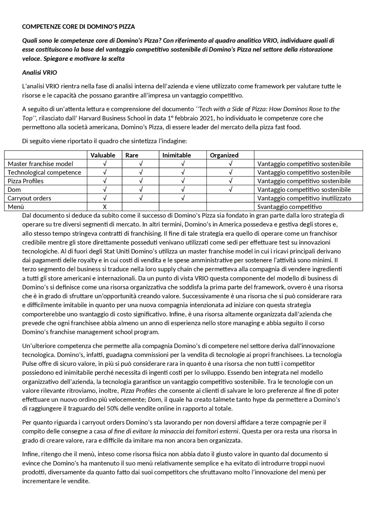 Analisi VRIO Domino's | Esercizi di Statistica | Docsity