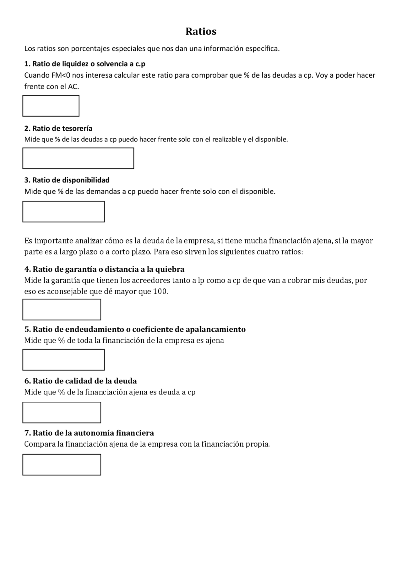 Cálculo de Ratios Financieros | Apuntes de Economía de la Empresa | Docsity