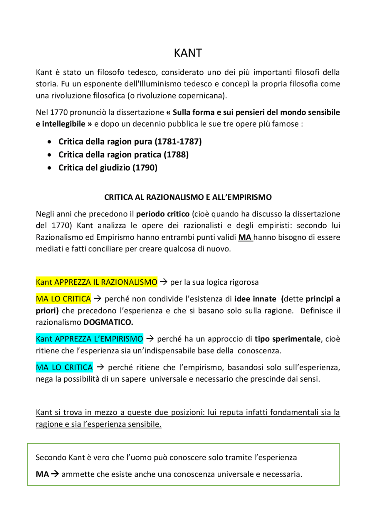 Introduzione al pensiero di Kant | Schemi e mappe concettuali di Filosofia | Docsity
