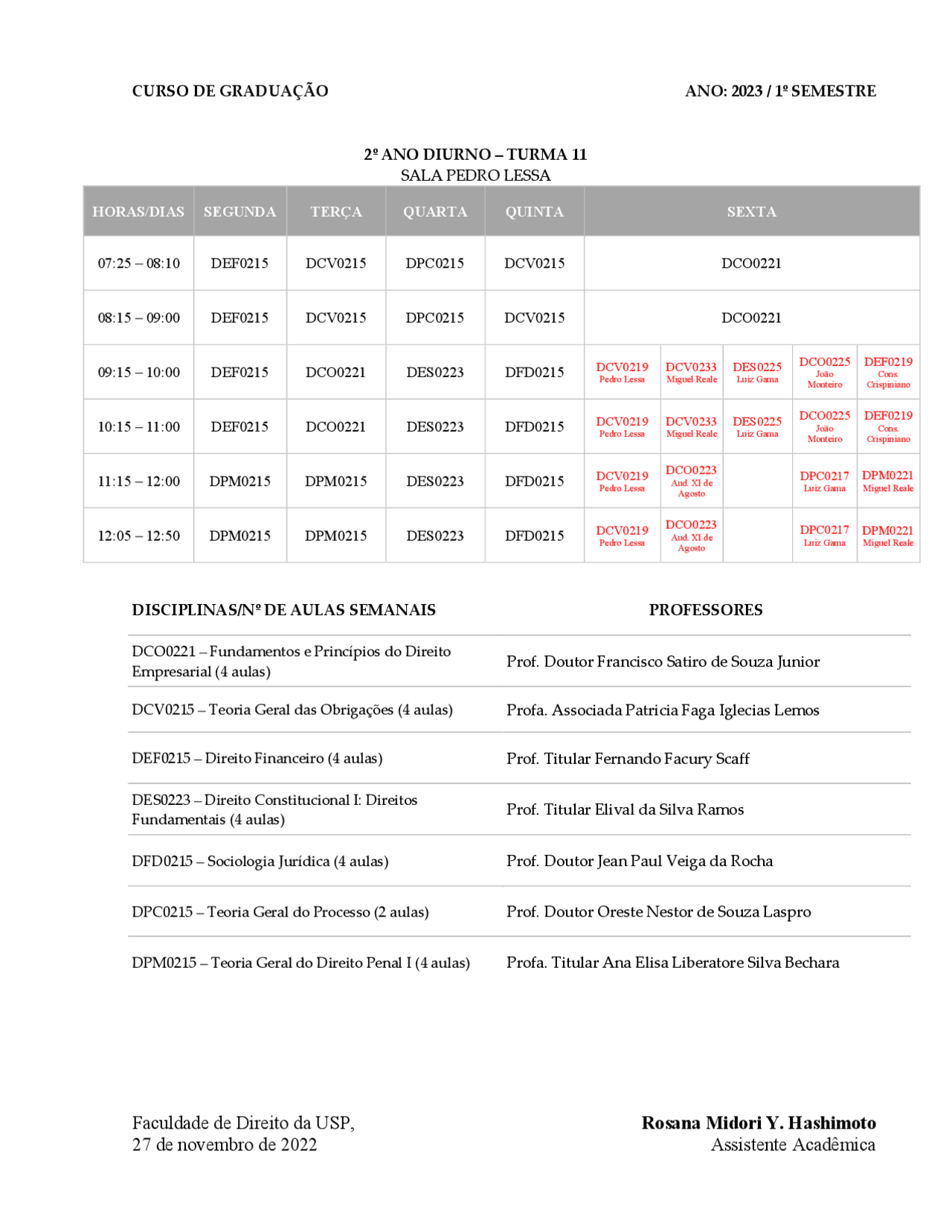 Grade horária do curso de direito da USP 2 ano | Esquemas Direito | Docsity