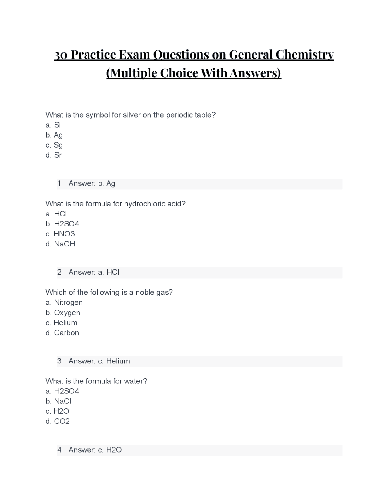 General Chemistry Practice Test | Exercises Chemistry | Docsity