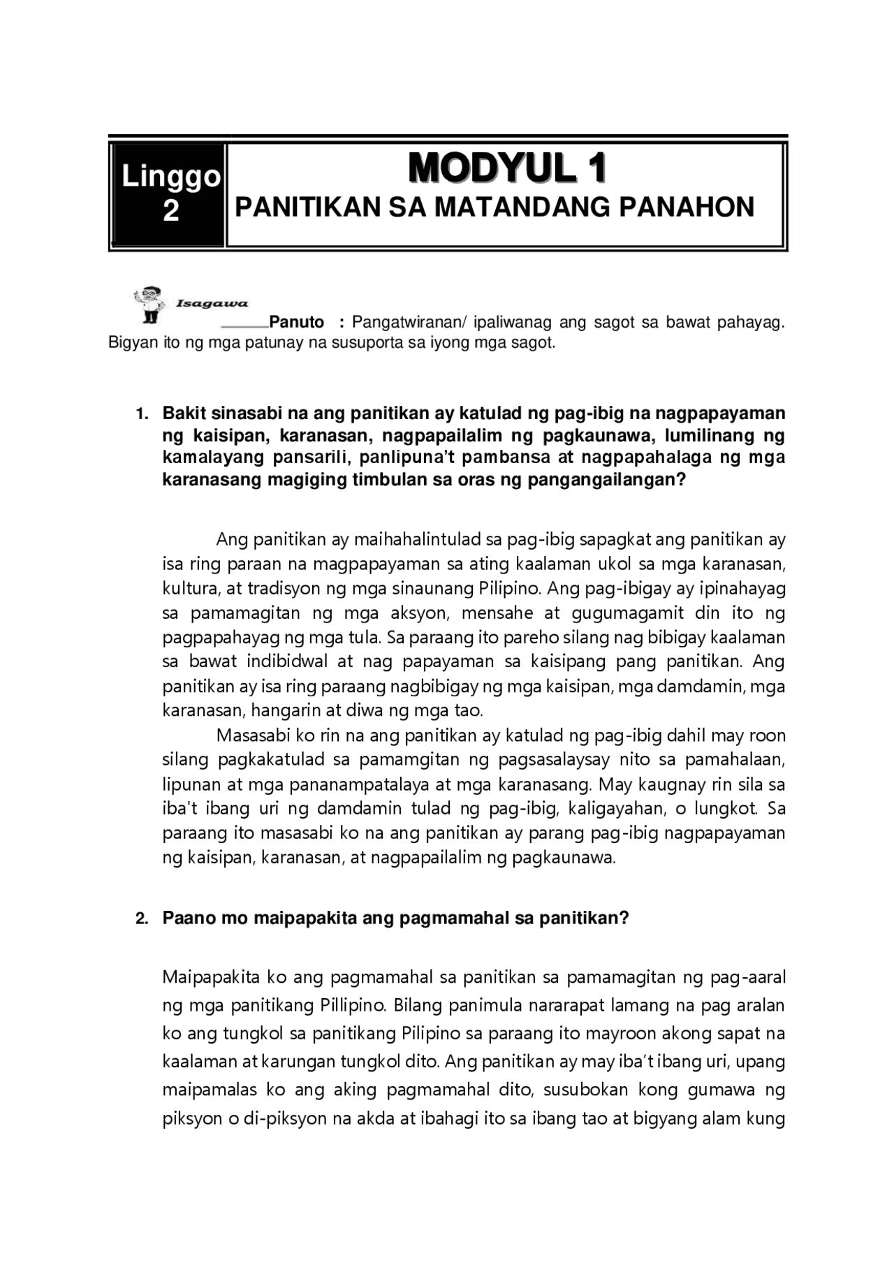 PANITIKAN PROBLEM EXERCISE | Exercises History of Literature | Docsity