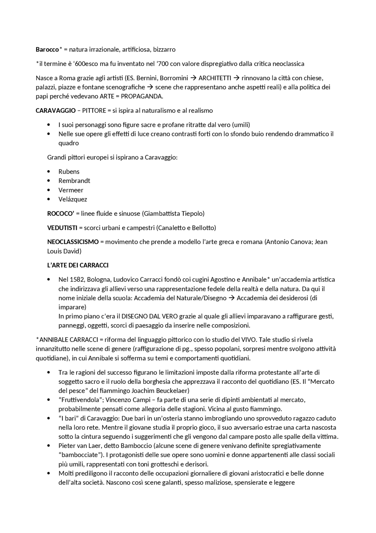 IL BAROCCO - Carracci & Caravaggio | Schemi e mappe concettuali di Elementi di storia dell'arte ...