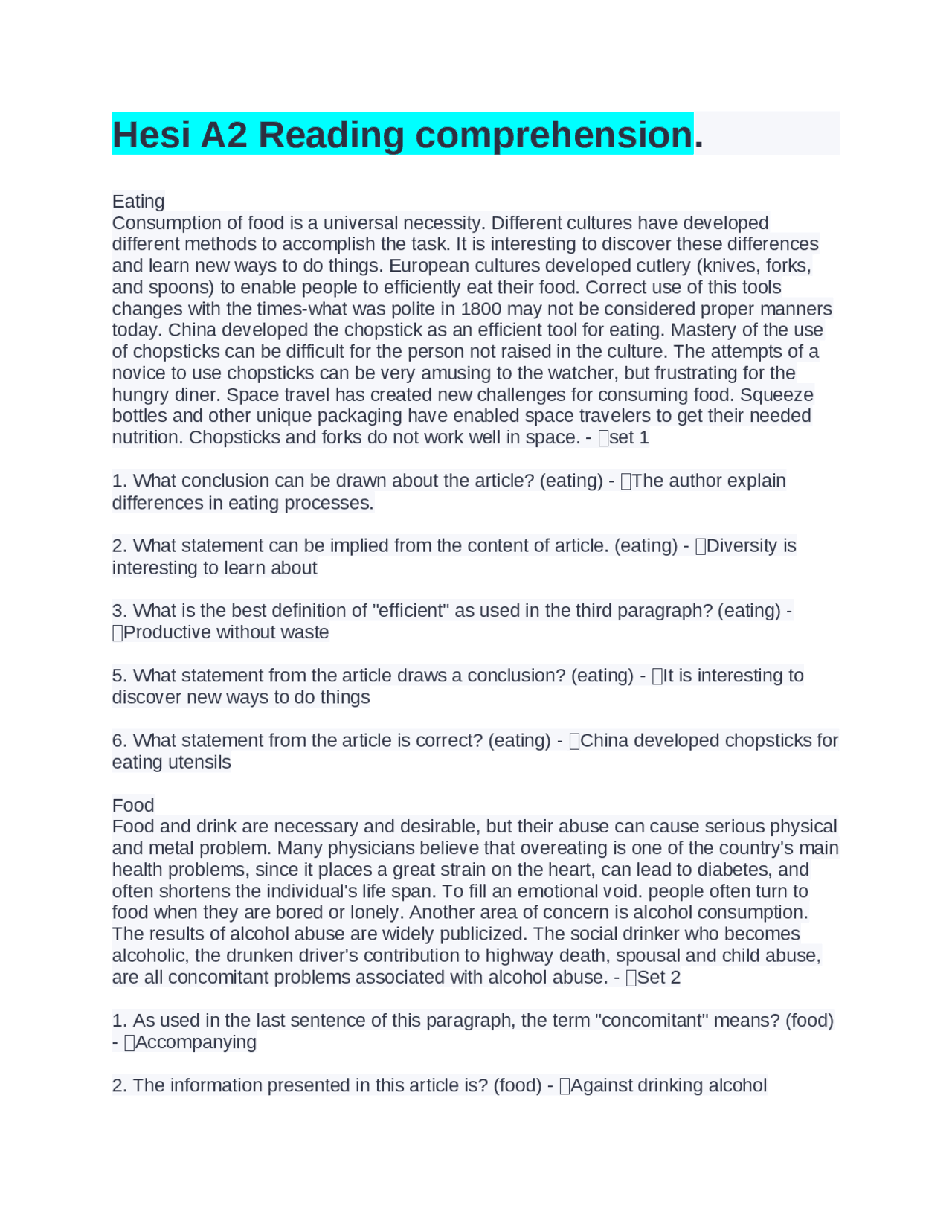 Hesi A2 Reading comprehension. | Exams Nursing | Docsity