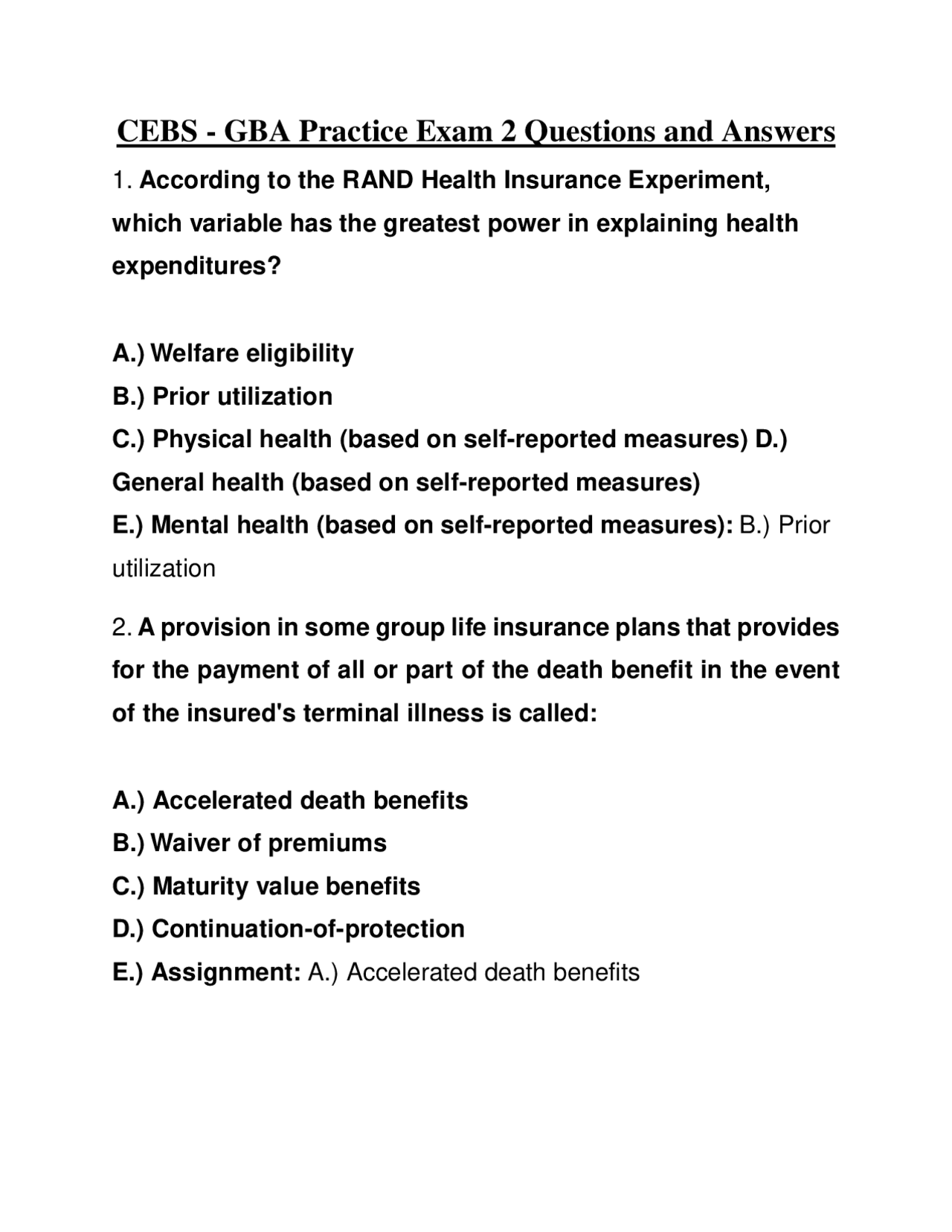 CEBS - GBA Practice Exam 2 Questions and Answers | Exams Nursing | Docsity