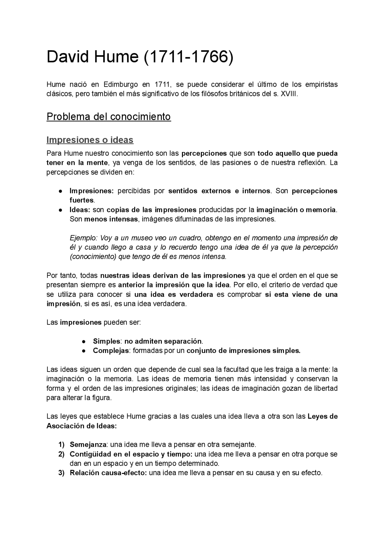 Resumen 2ºBach de David Hume | Resúmenes de Historia de la Filosofía | Docsity