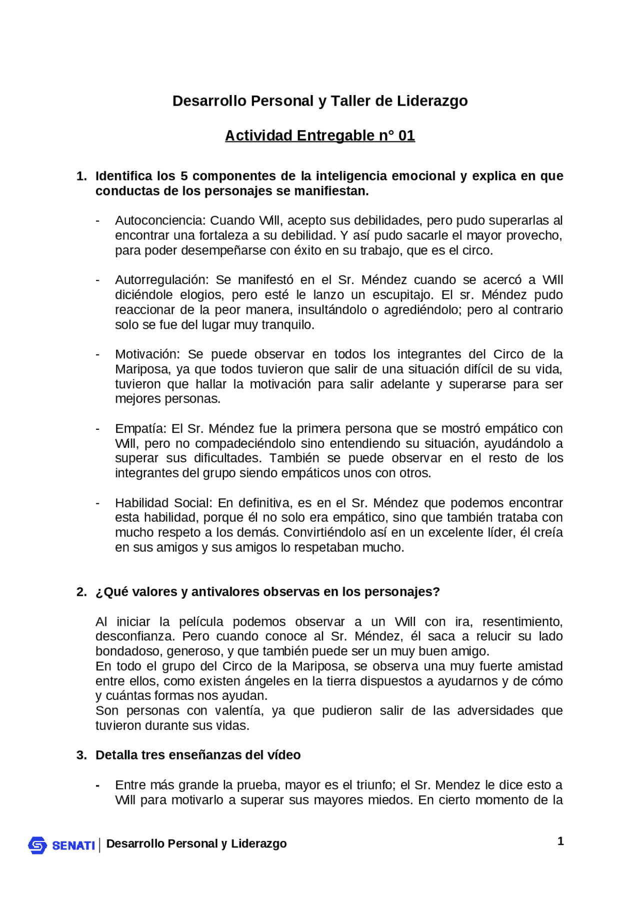 Entregable 1 - Desarrollo personal y taller de liderazgo | Ejercicios de Derecho | Docsity