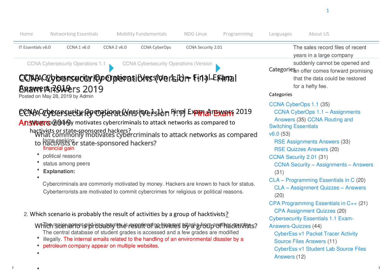 Ccnacybersecurityoperationsversion11finalexam Exams Nursing