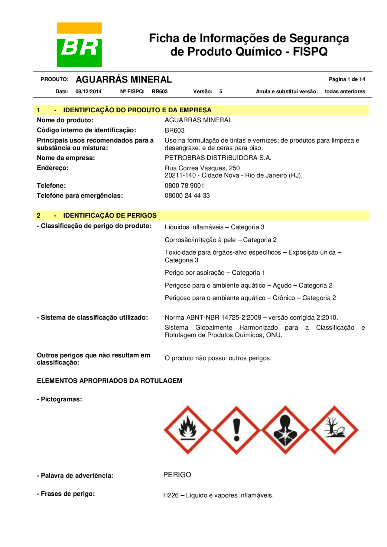 Ficha de Informações de Segurança de Produto Químico - FISPQ - Aguarrás ...