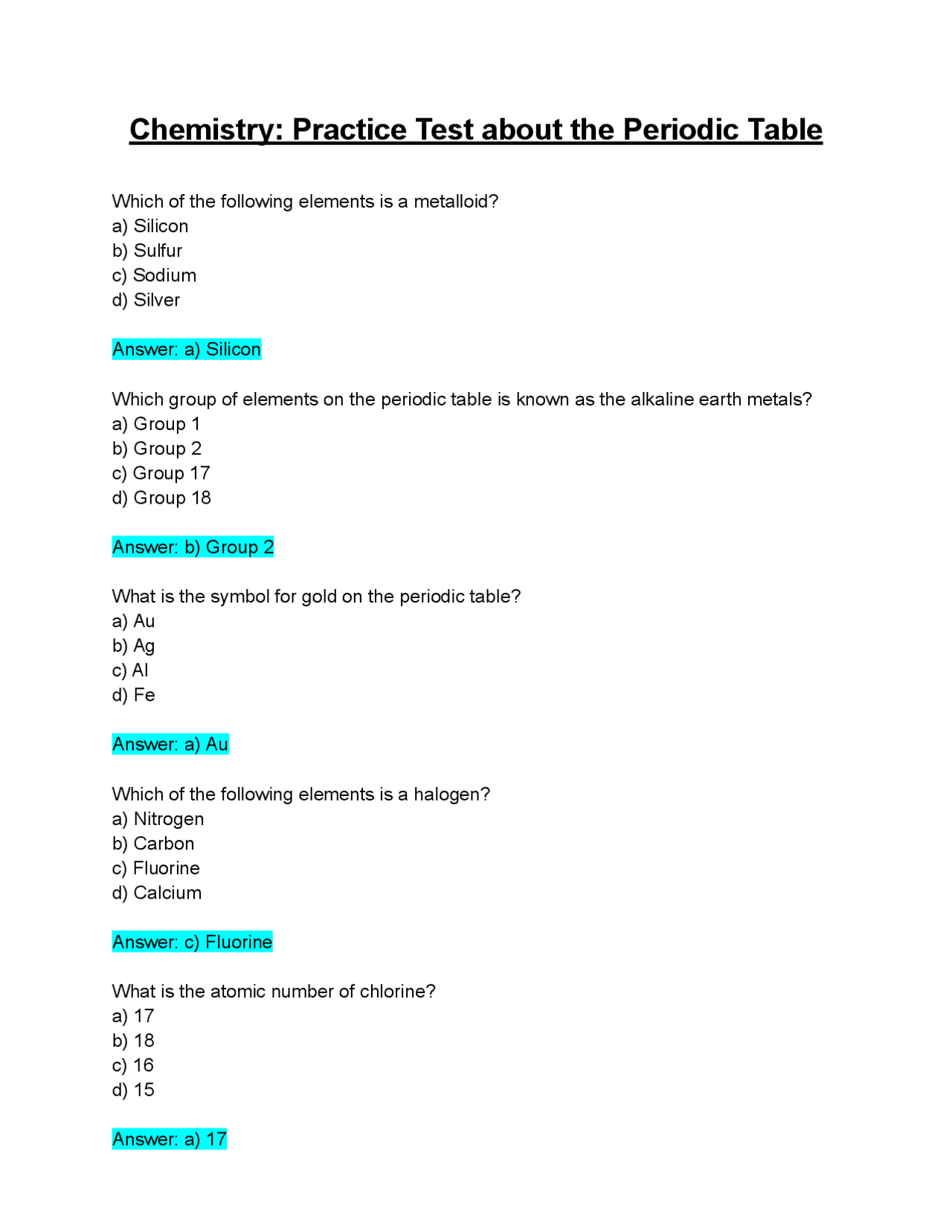 Practice Test on Periodic Table | Exercises Chemistry | Docsity