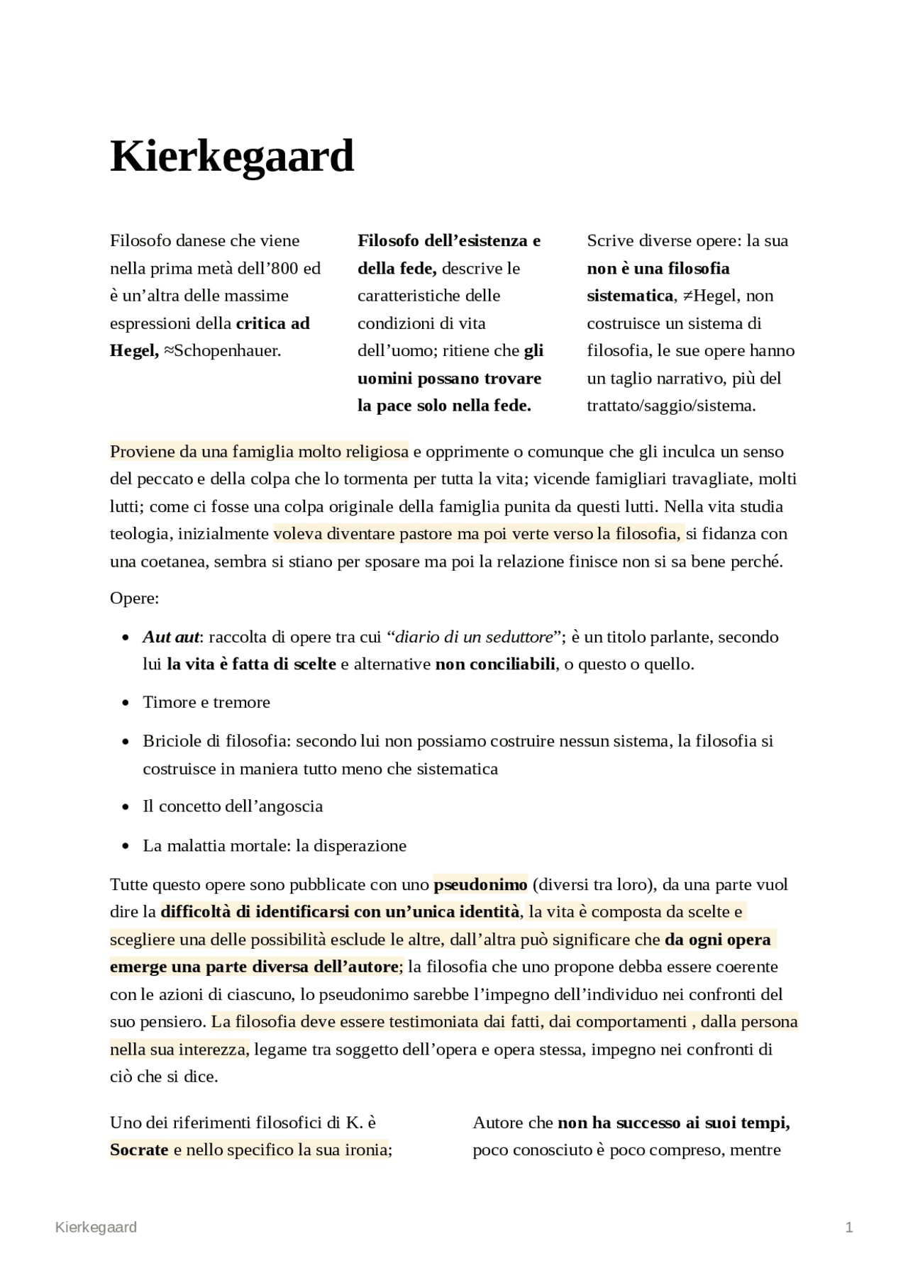 Il pensiero di Kierkegaard | Appunti di Filosofia | Docsity