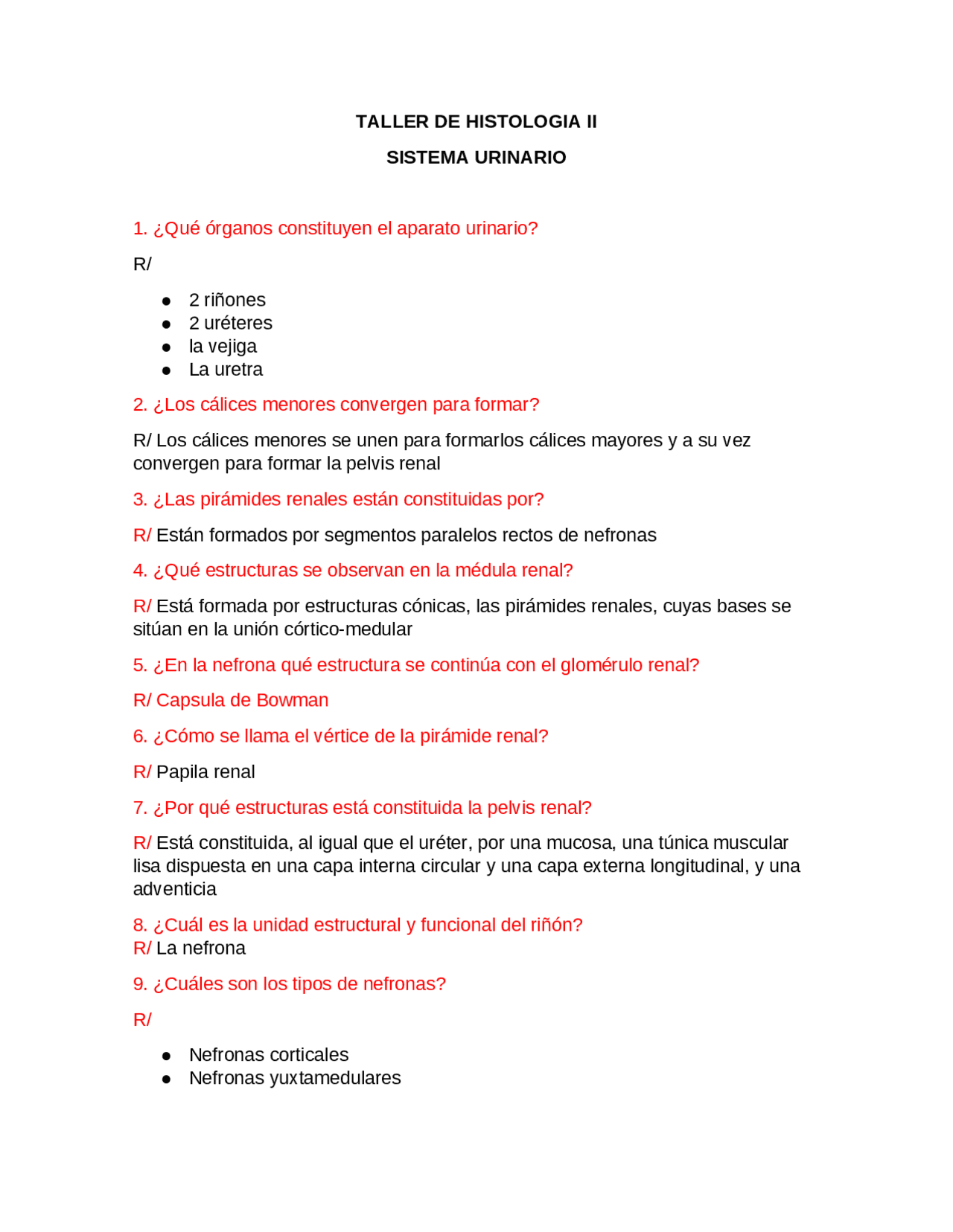 Taller sistema urinario | Apuntes de Histología | Docsity