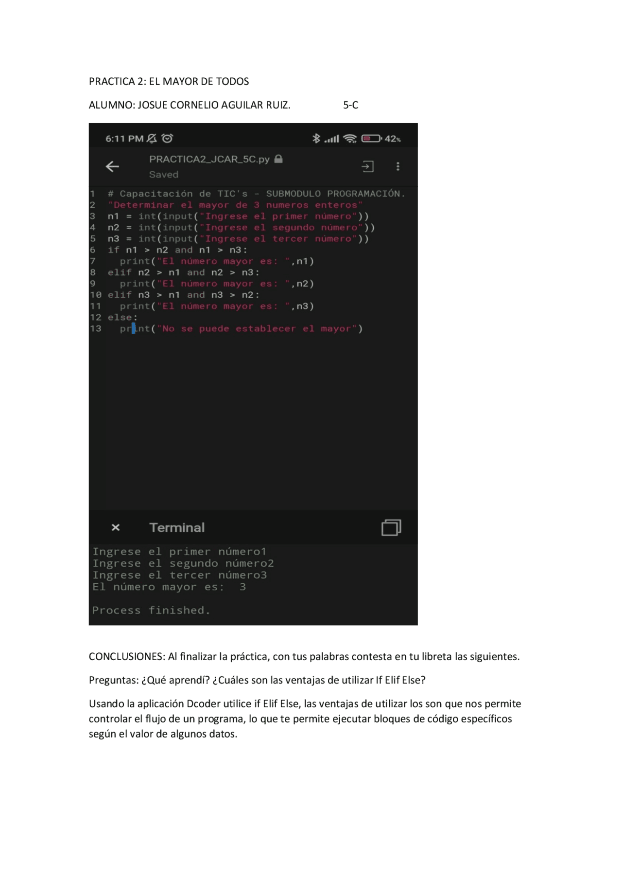 Ejercicio practica 2 códigos, de la materia de tecnologías de la comunicación, bachilleres ...