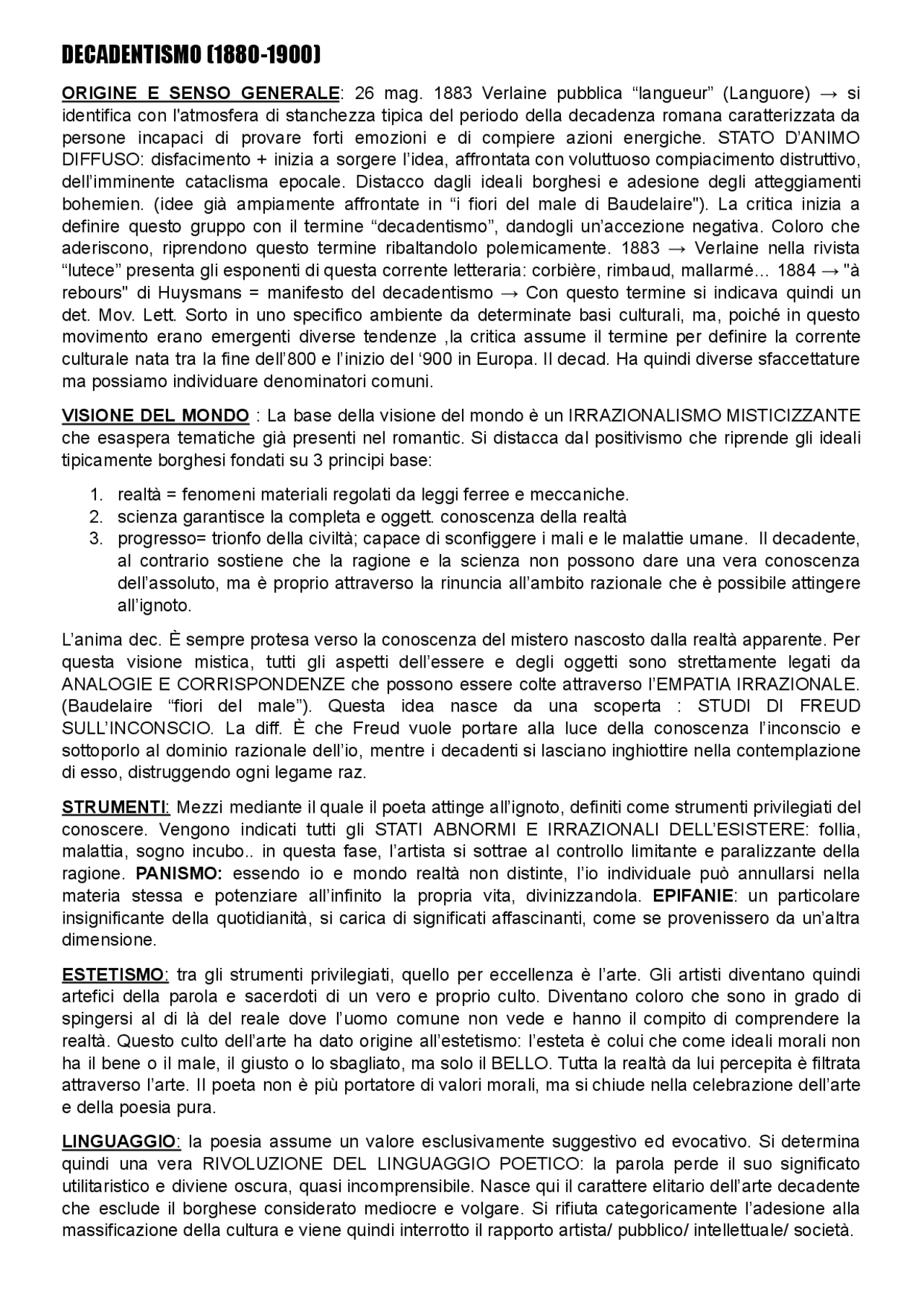 Il Decadentismo Origine E Caratteristiche Dispense Di Italiano Docsity