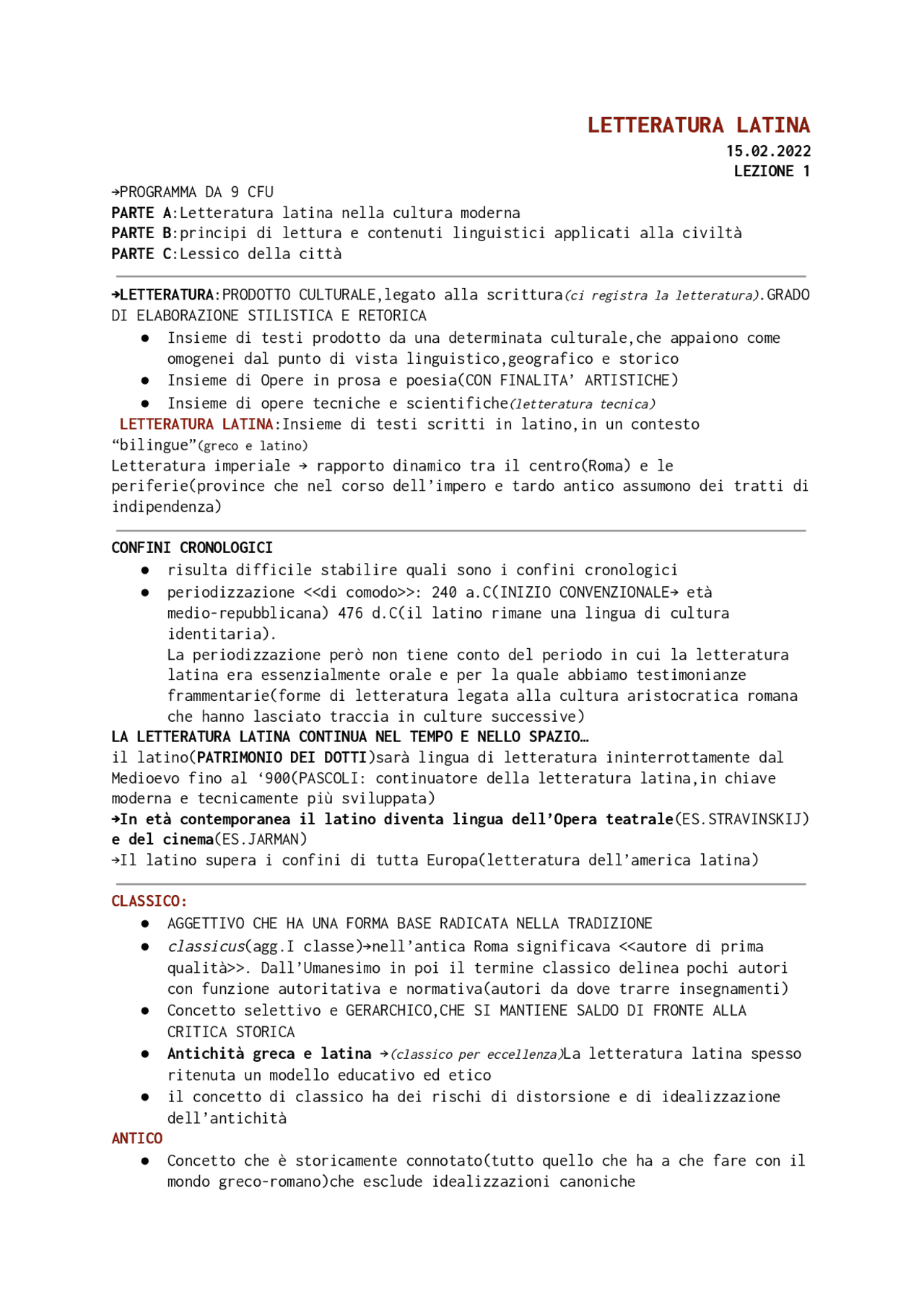 LETTERATURA LATINA PER BENI CULTURALI | Appunti di Letteratura latina | Docsity