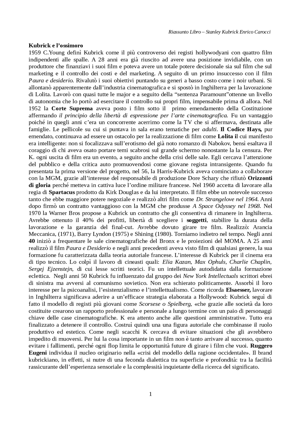 Riassunto libro di Enrico Carocci su S.Kubrick | Appunti di Estetica ...