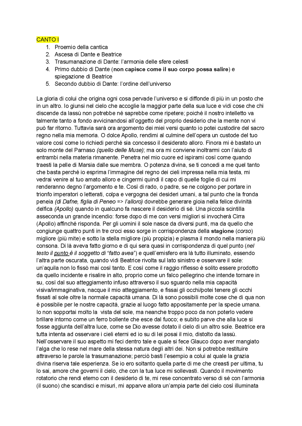 Parafrasi Canto I Paradiso Appunti Di Italiano Docsity
