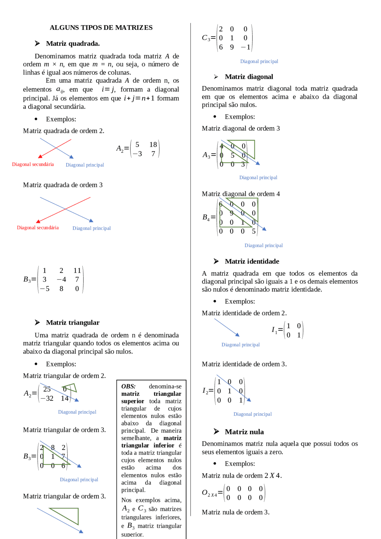 Alguns tipos de matrizes e avaliação | Esercizi Matematica Generale ...