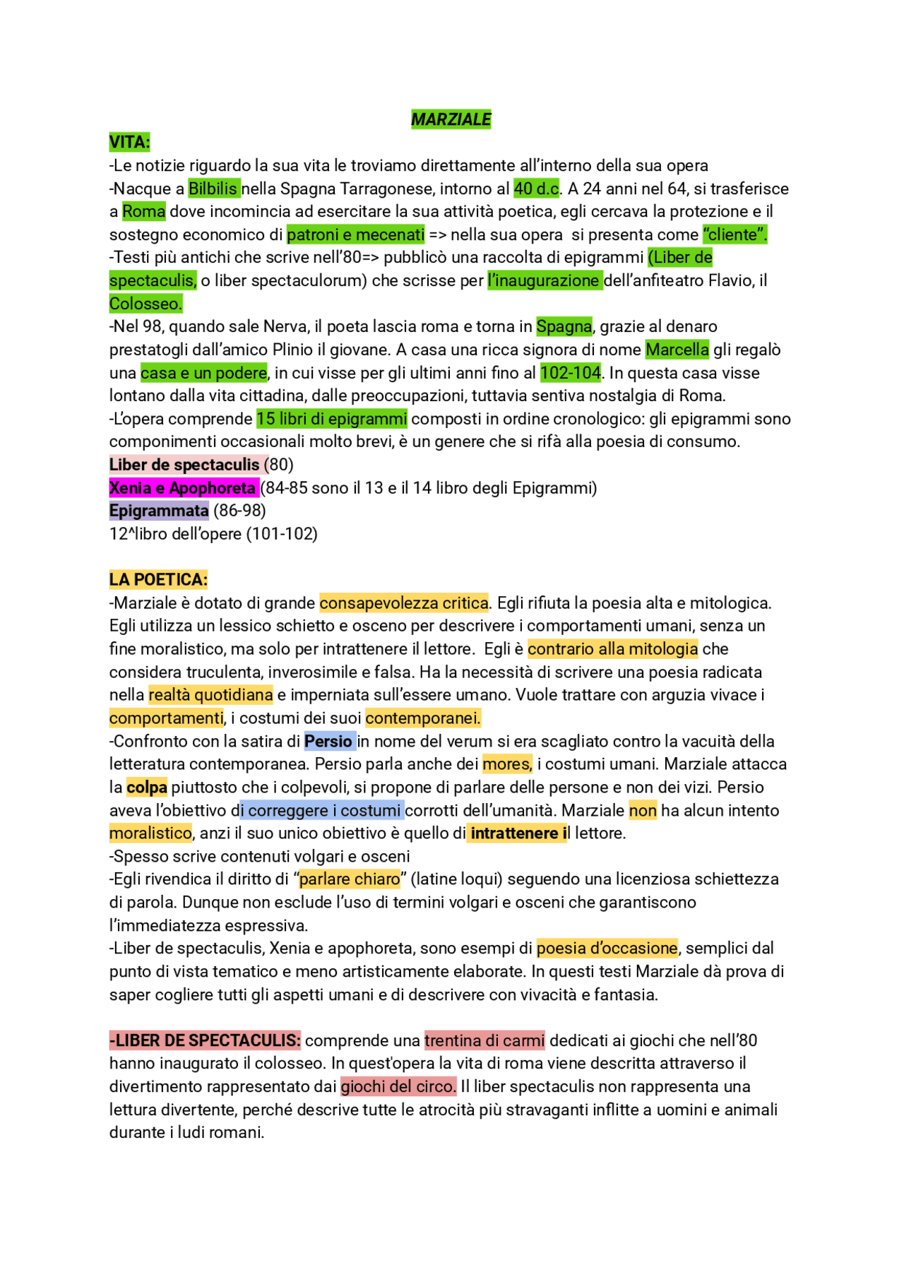 Marziale: vita, opere, stile | Schemi e mappe concettuali di Latino | Docsity