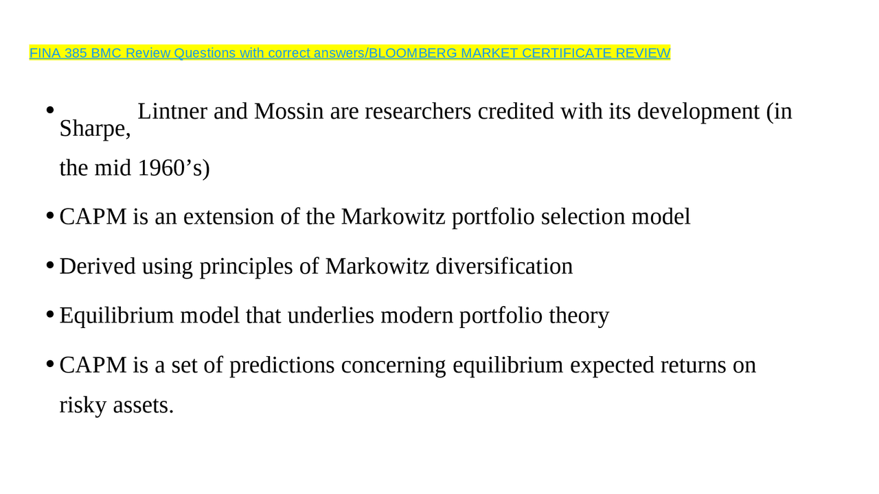 FINA 385 BMC Review Questions with correct answers/BLOOMBERG MARKET ...