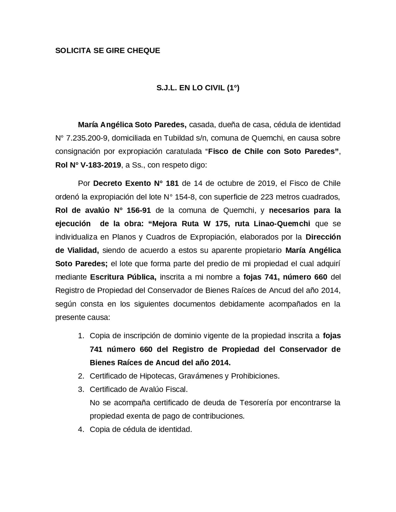 Escrito sobre giro de cheques | Ejercicios de Derecho Civil Patrimonial | Docsity