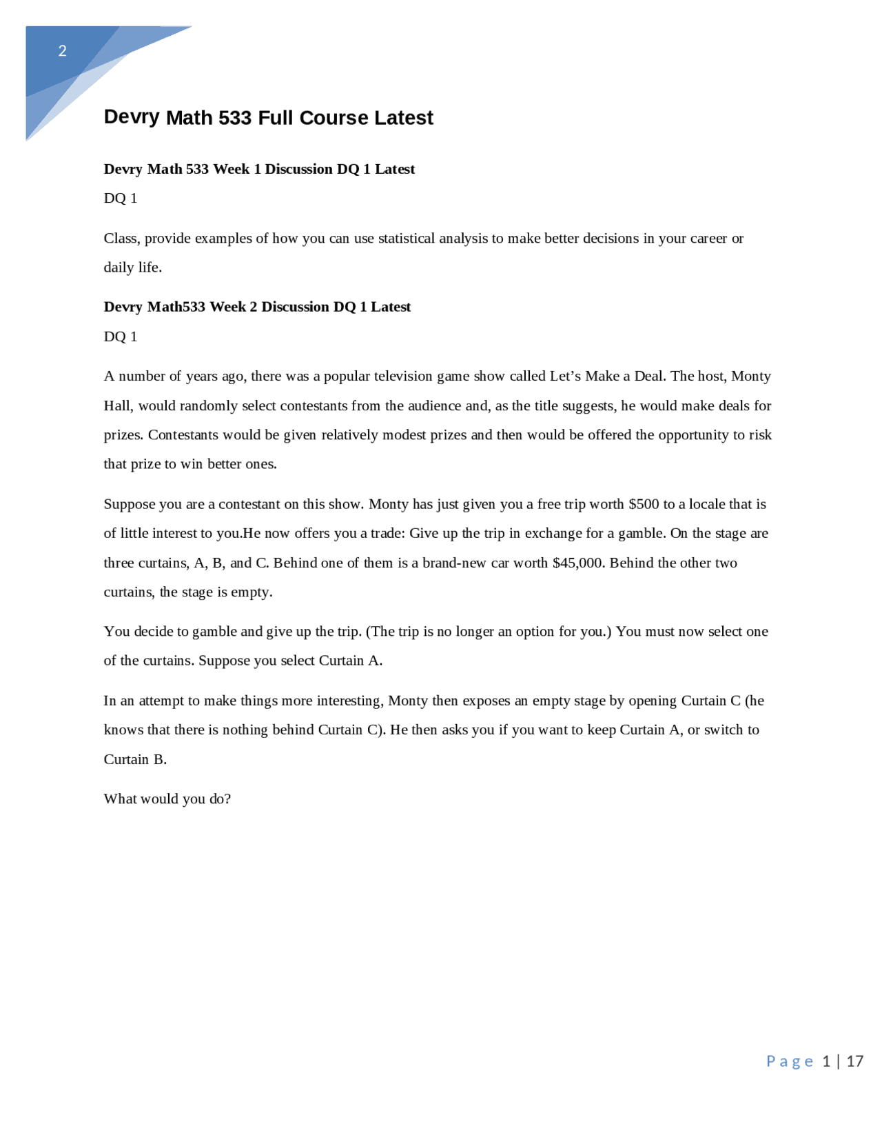Devry Math 533 Full Course Latest | Exams Nursing | Docsity