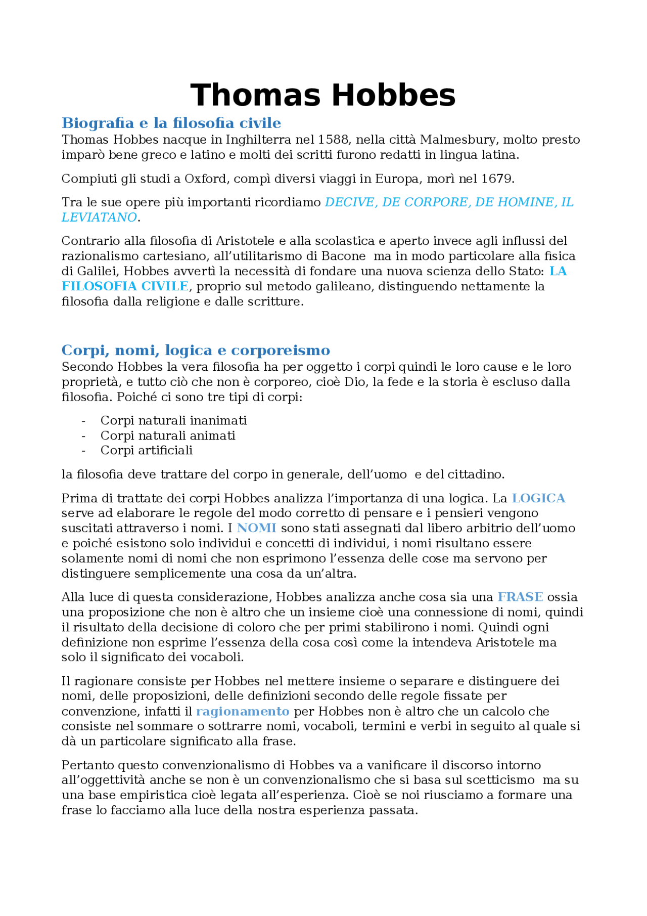 Thomas Hobbes Riassunto Completo Appunti Di Filosofia Docsity