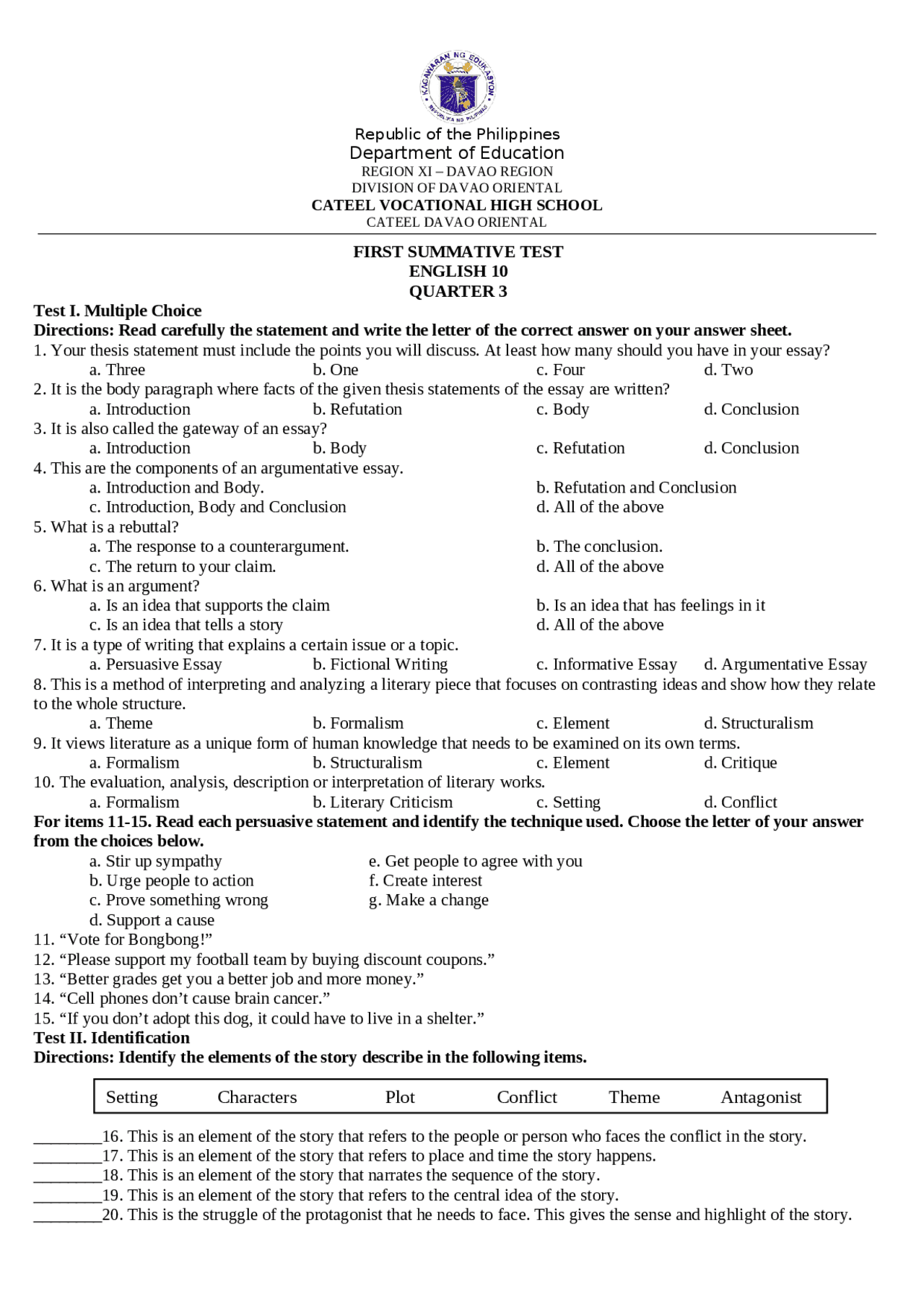 English Summative Test | High school final essays English | Docsity