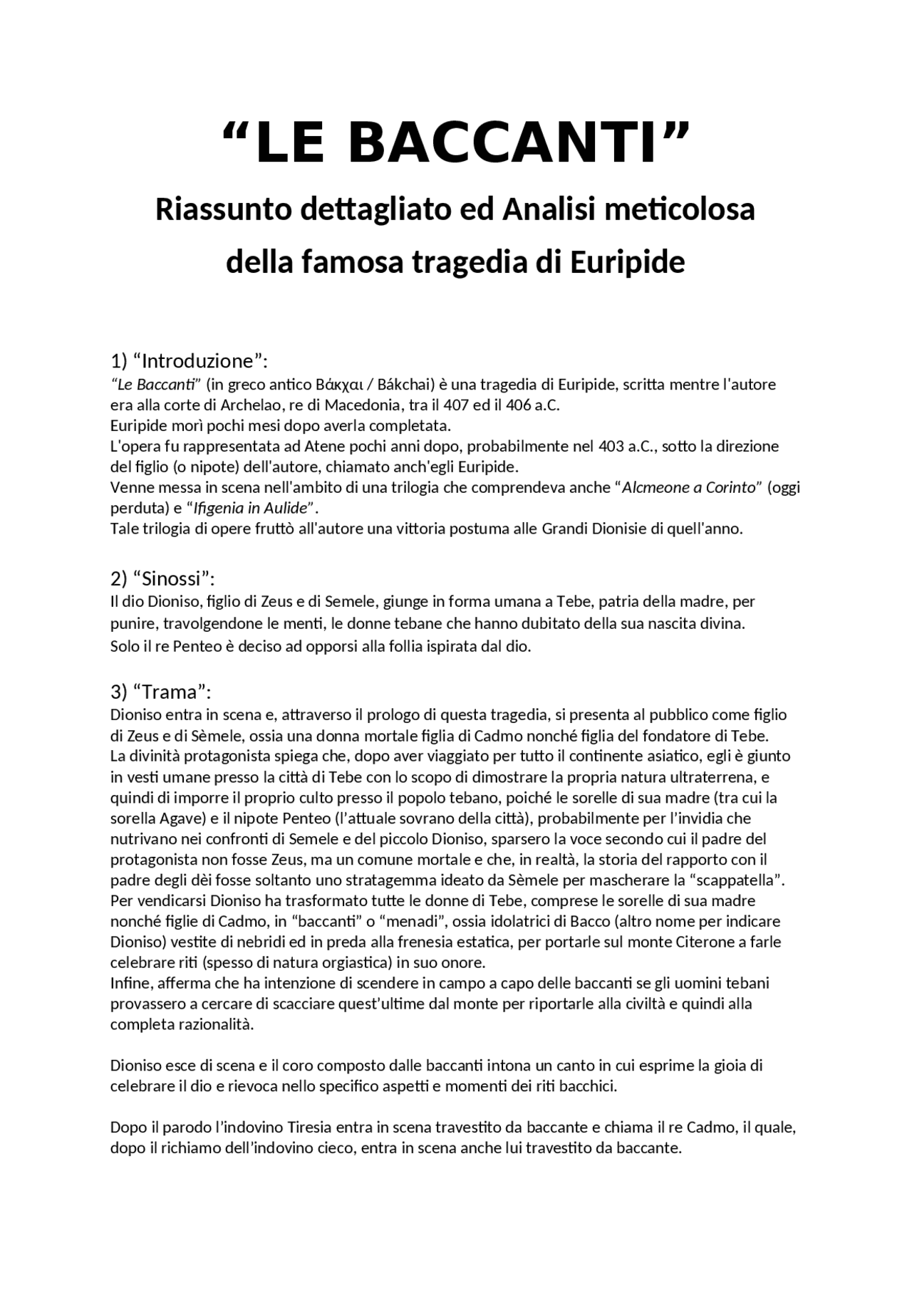 "Le Baccanti" (Riassunto ed Analisi) | Appunti di Drammaturgia | Docsity