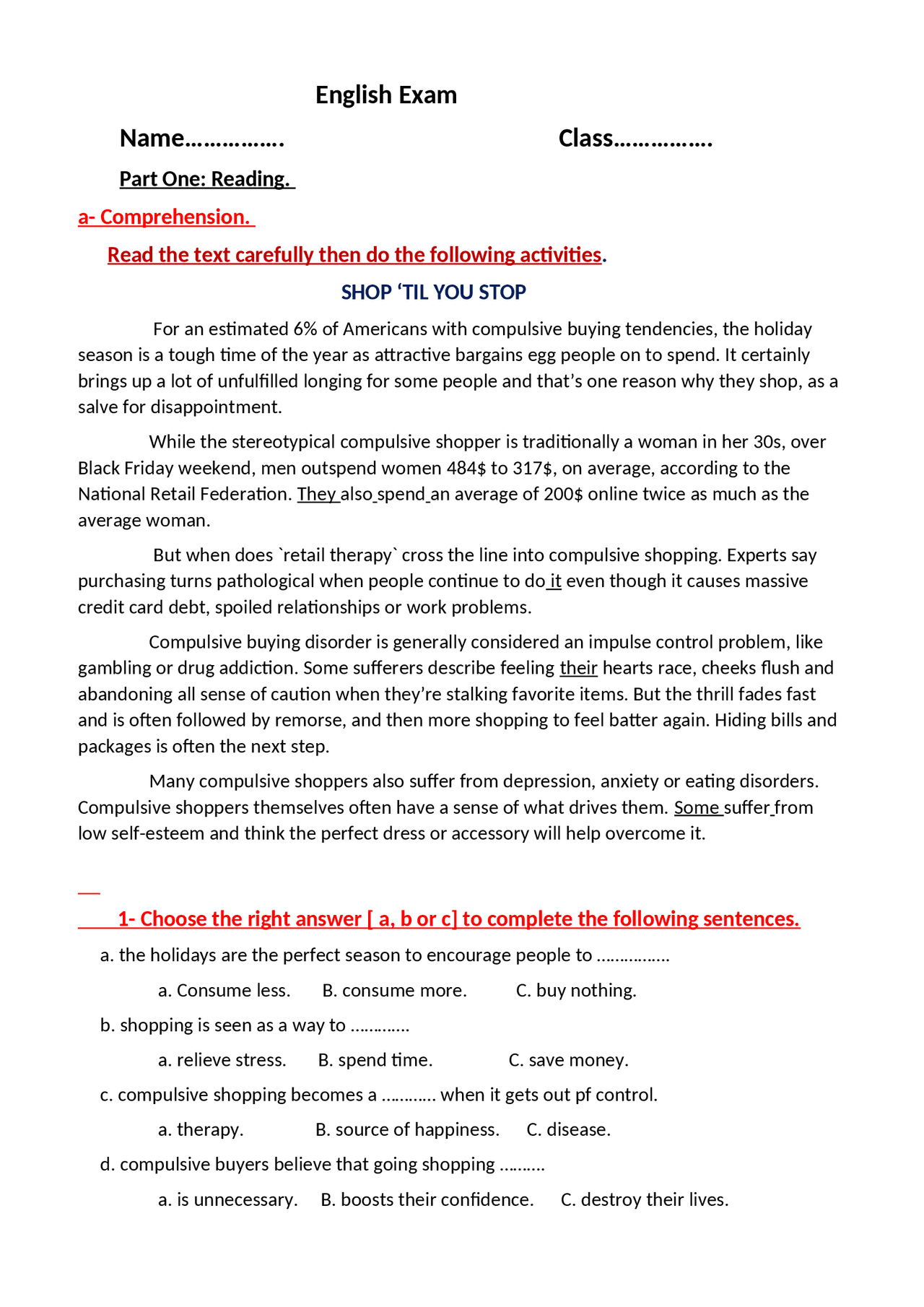 a midddle school and high school documents. | Exercises English | Docsity