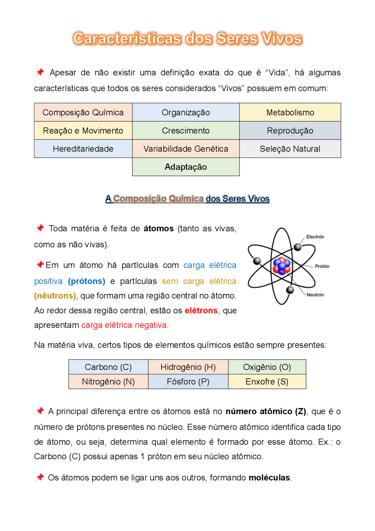 Características Gerais dos Seres Vivos | Resumos Biologia | Docsity
