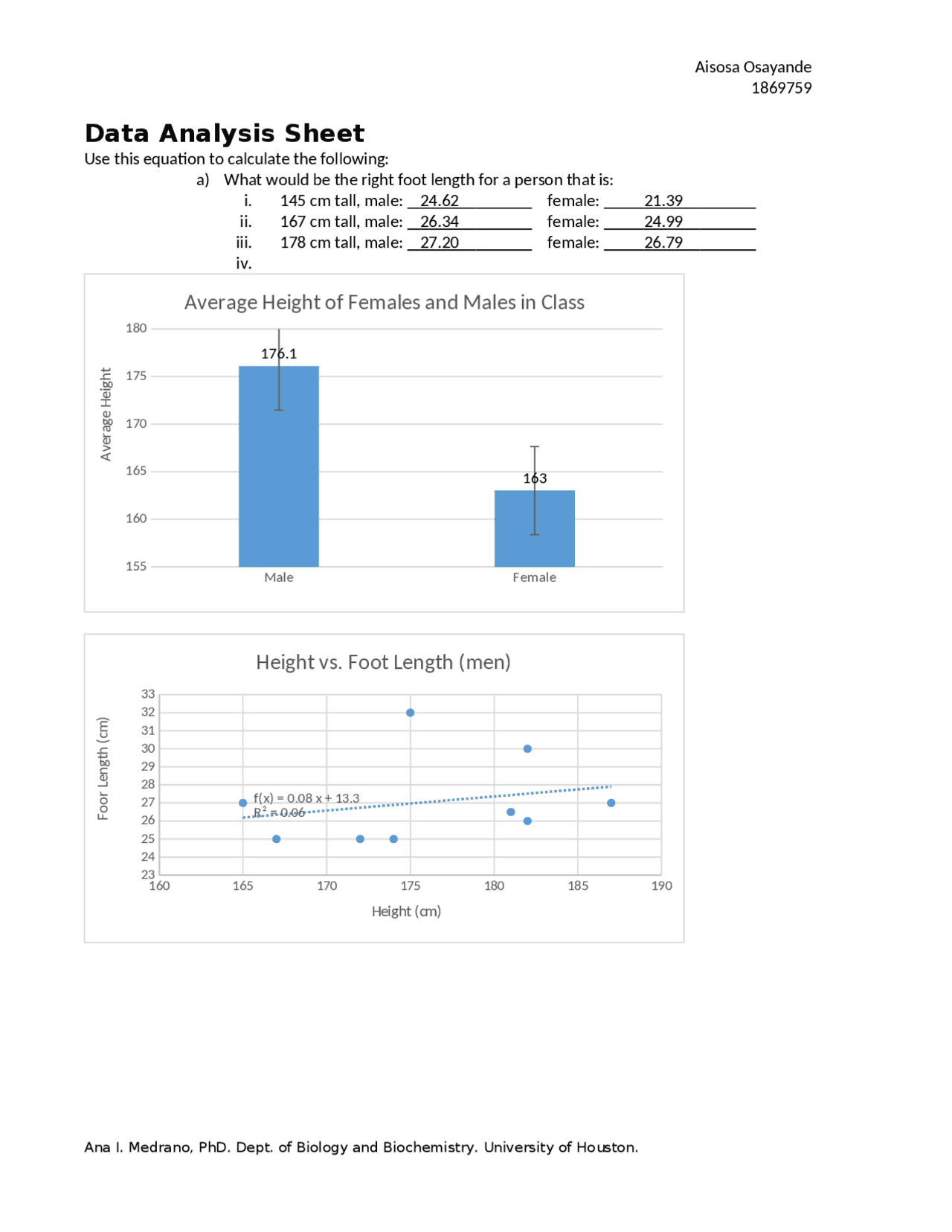 Data Analysis Sheet 1 | Assignments Biology | Docsity