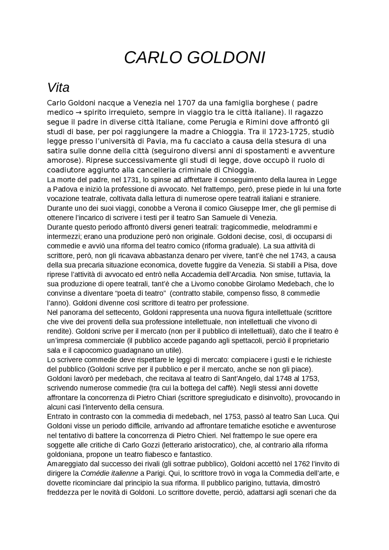 Vita E Opere Di Carlo Goldoni Appunti Di Italiano Docsity