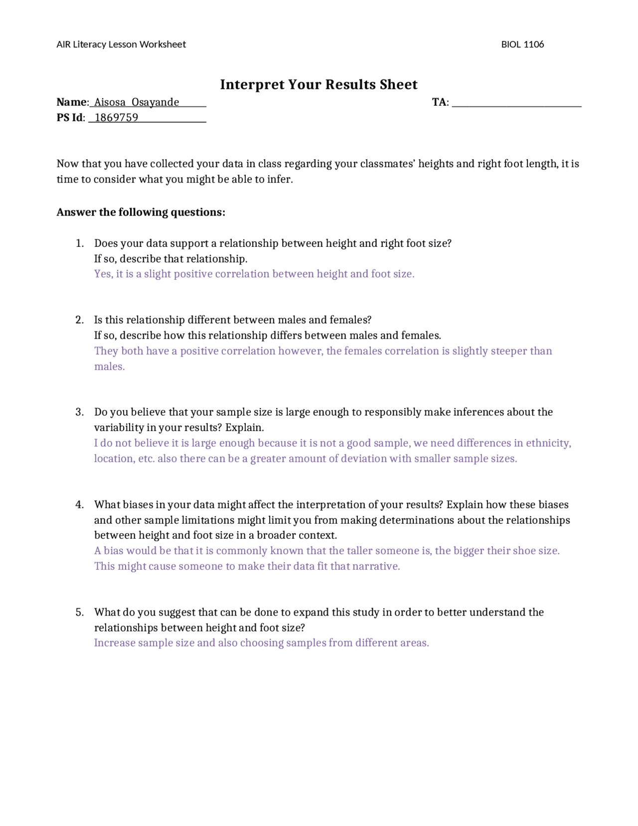 Interpret Your Results Assignments Biology Docsity