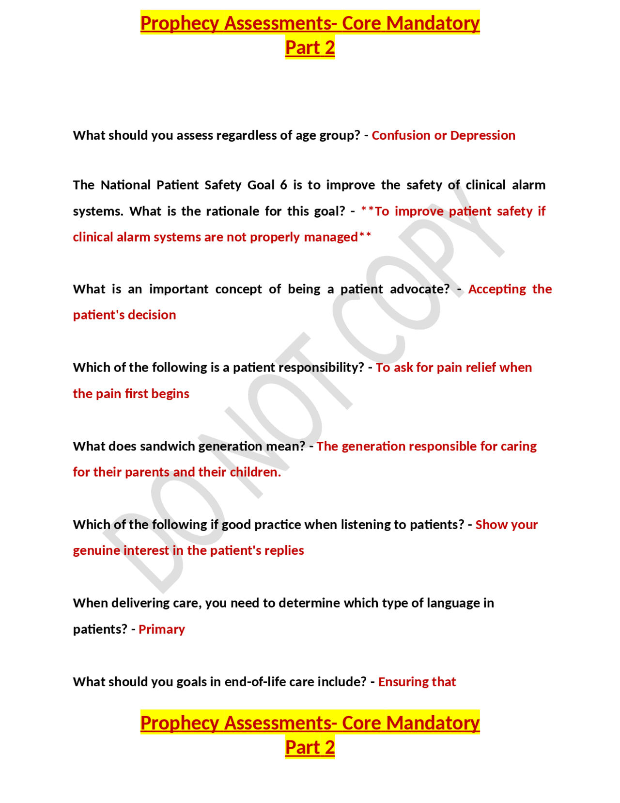 Prophecy Assessments- Core Mandatory Part 2 | Exams Nursing | Docsity Prophecy Assessments- Core Mandatory Part 2 | Exams Nursing | Docsity