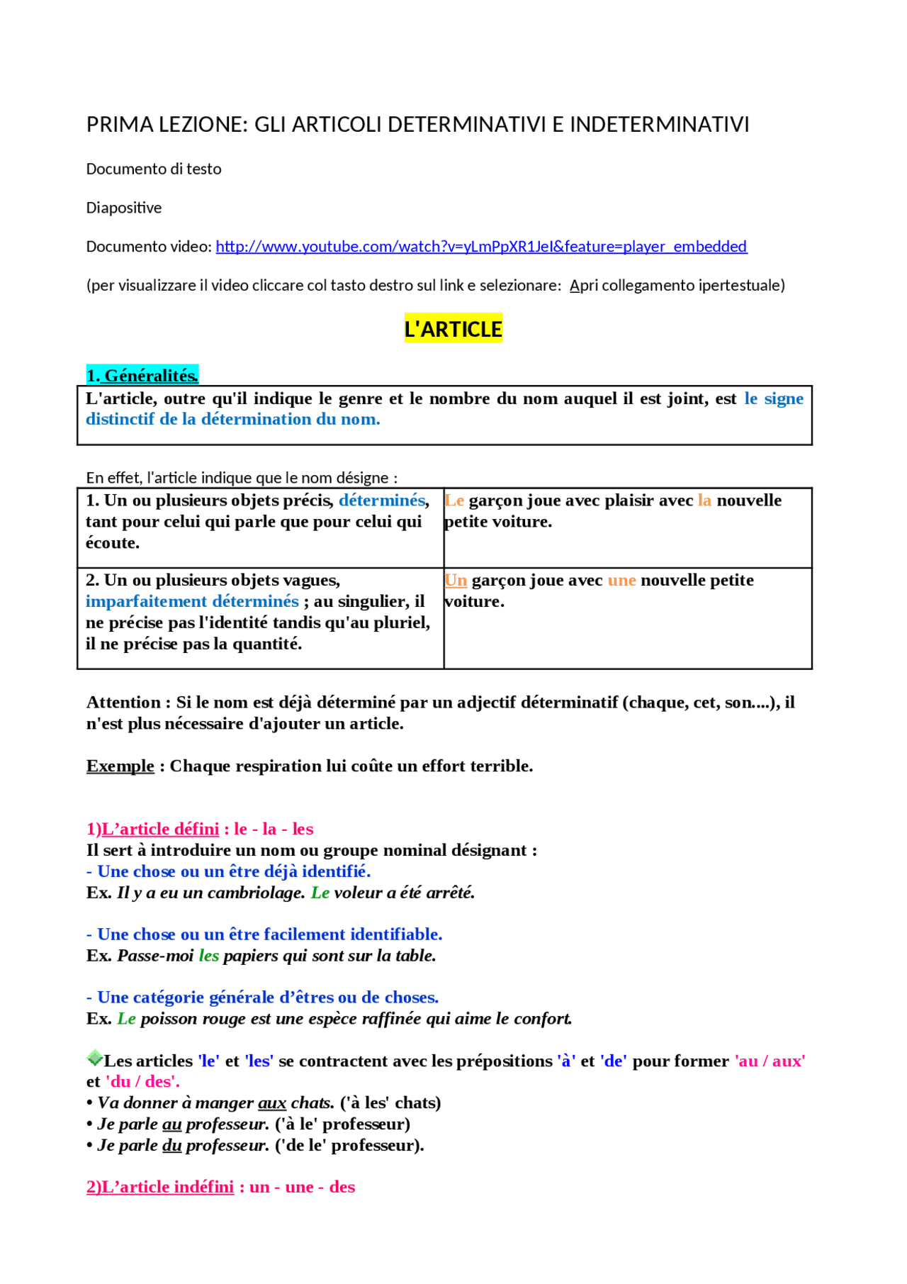 PRIMA LEZIONE: GLI ARTICOLI DETERMINATIVI E INDETERMINATIVI | Schemi e ...