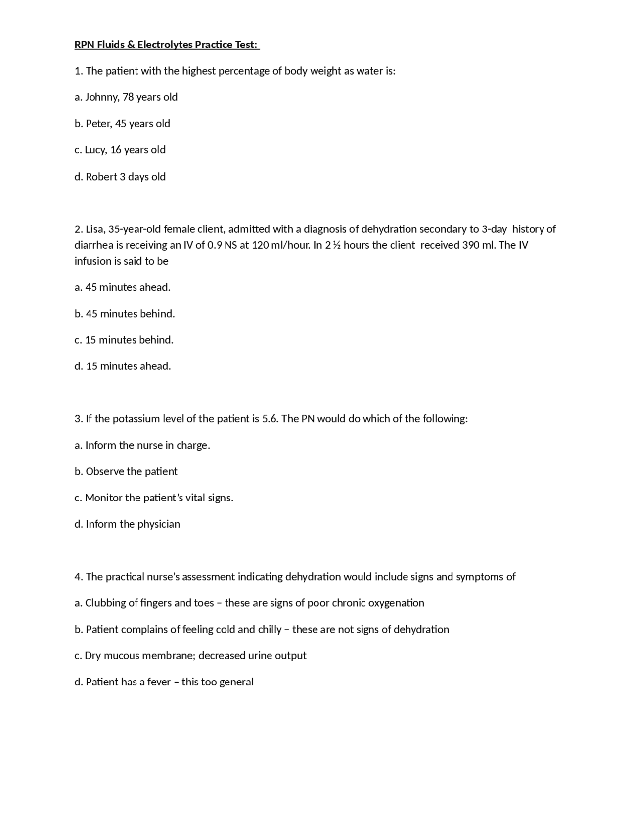 RPN_Fluids_and_electrolytes_practice_test | Exams Nursing | Docsity