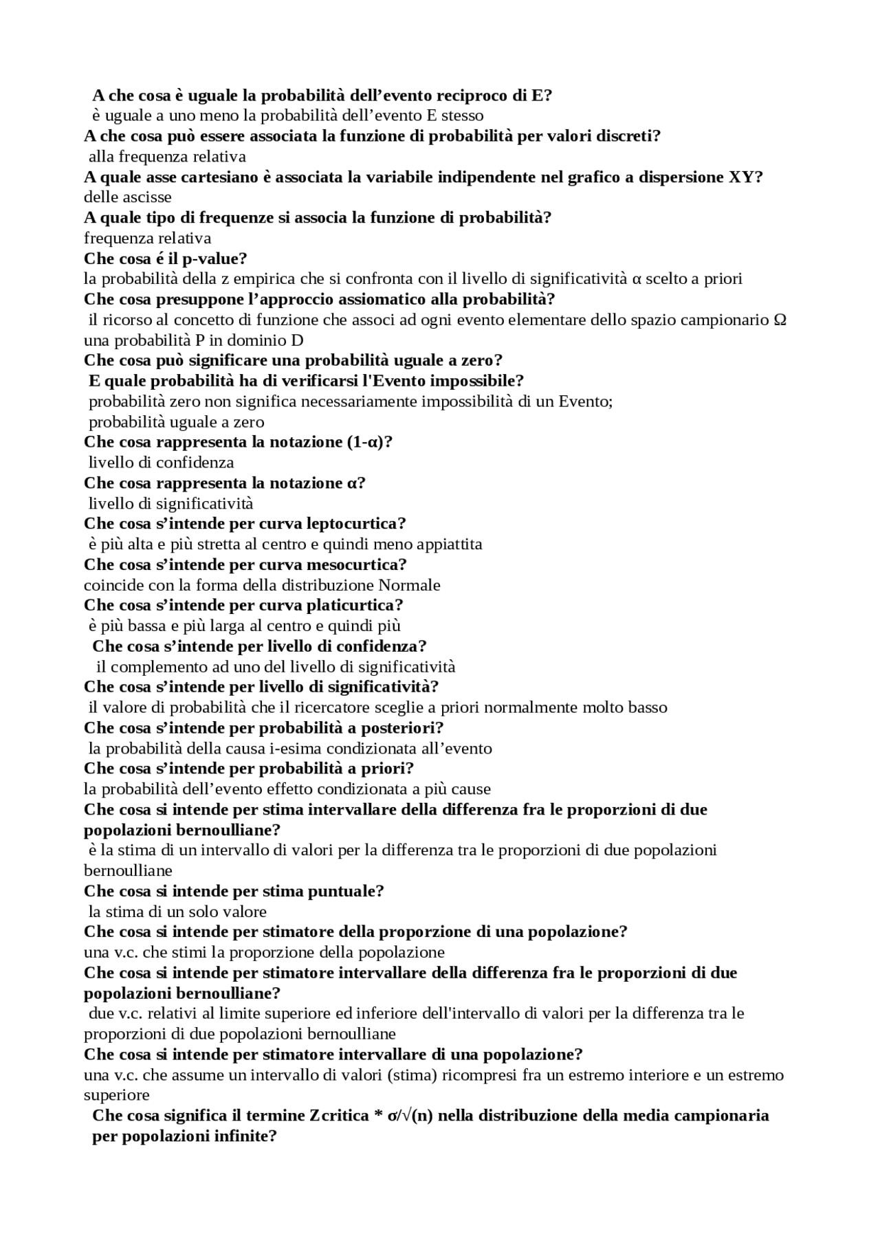 Paniere Statistica Risposte Chiuse Panieri Di Statistica Docsity