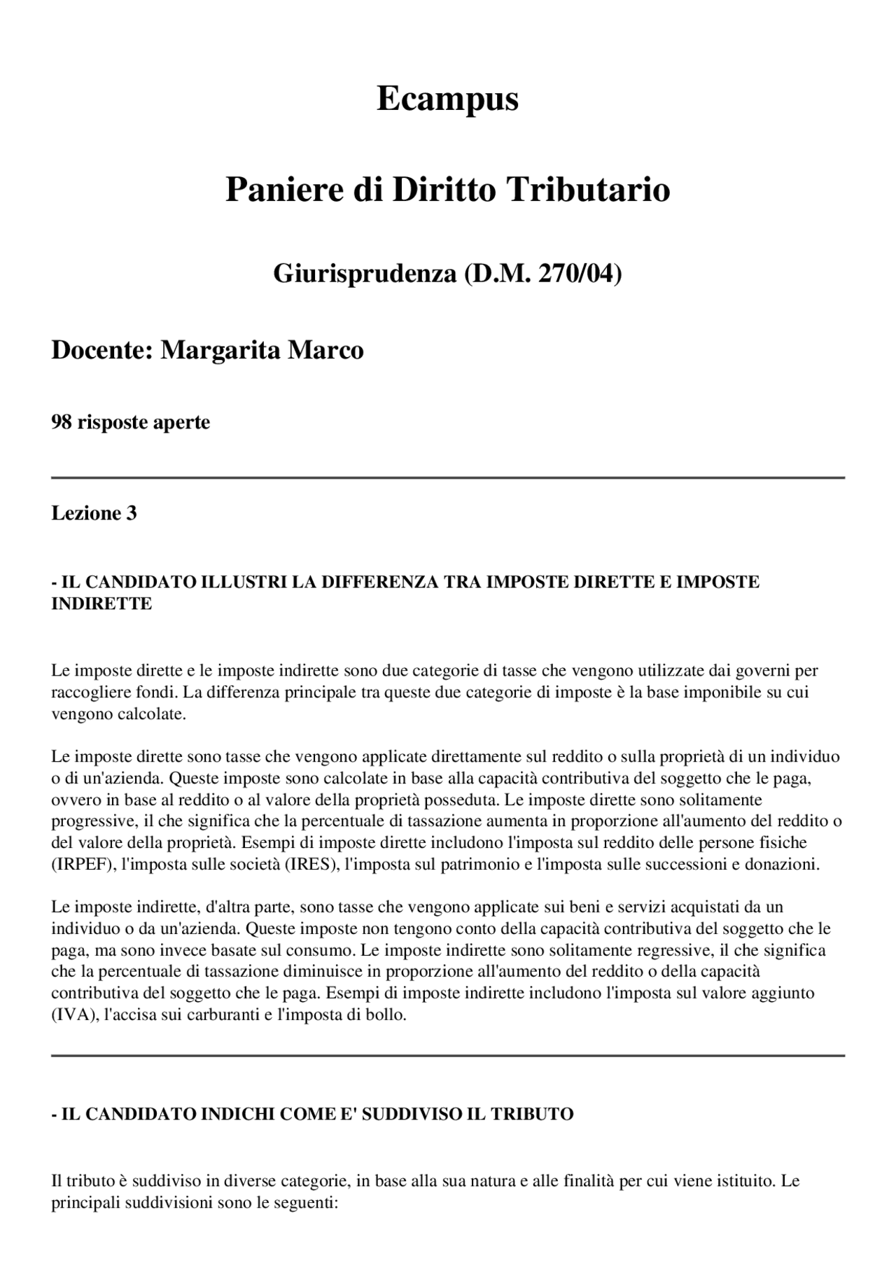 Diritto Tributario - 98 domande aperte con risposta | Panieri di Diritto Tributario | Docsity