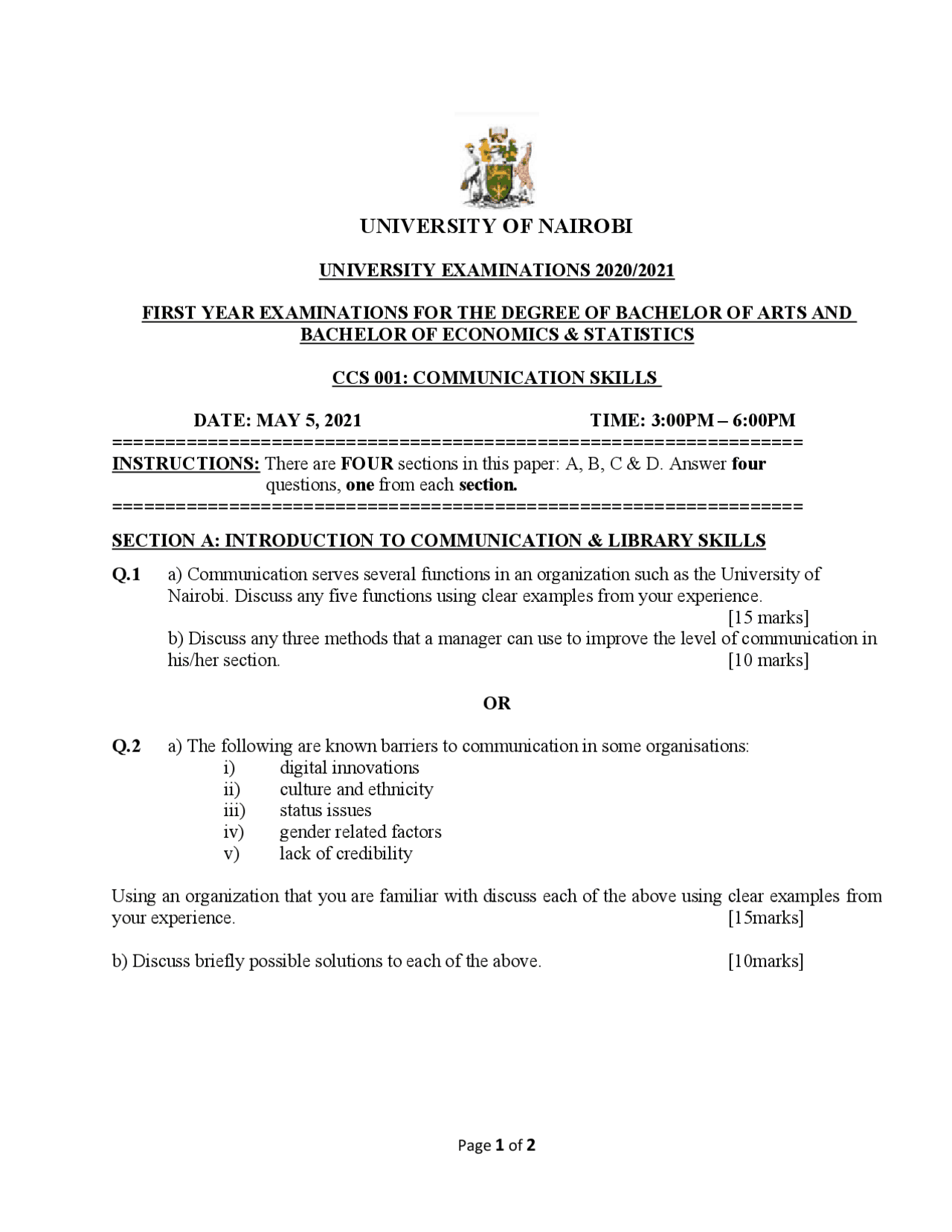 Communication Skills Paper Exams Communication Docsity
