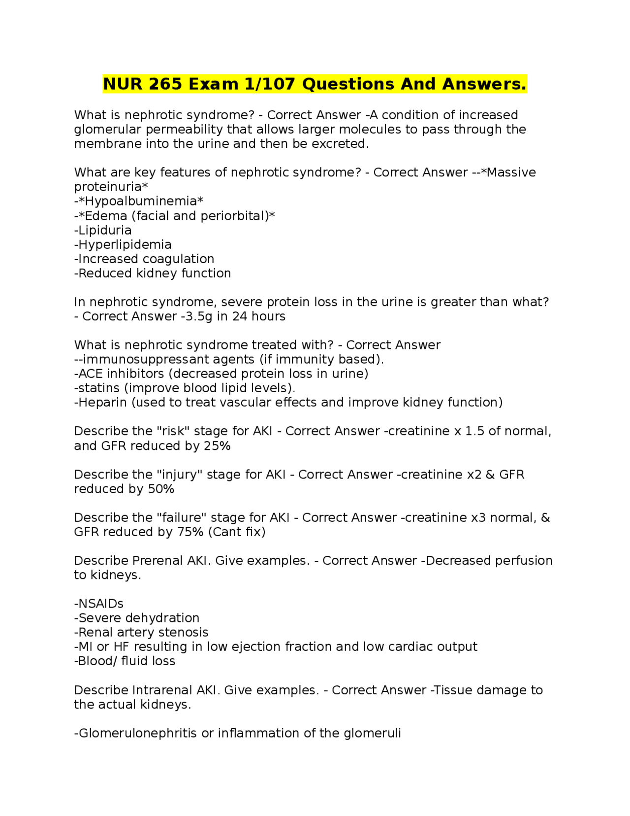 NUR 265 Exam 1107 Questions And Answers | Exams Nursing | Docsity